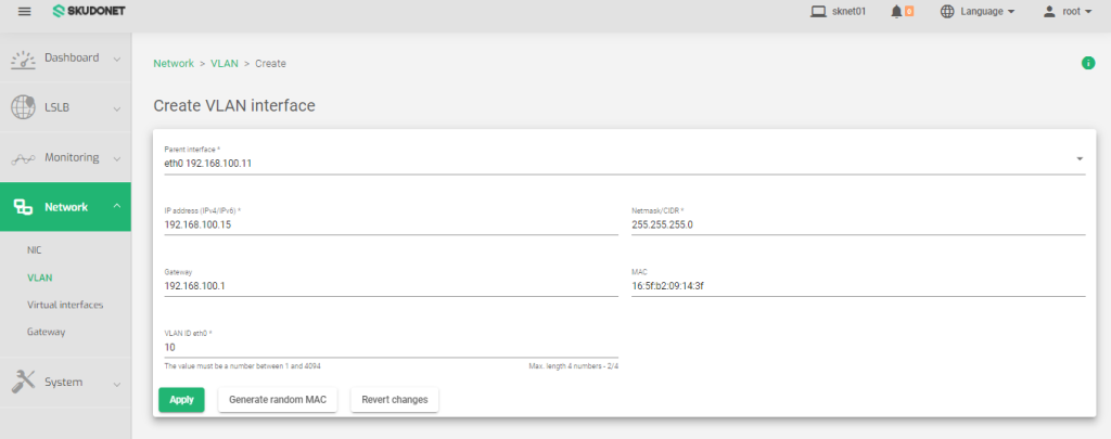 Network | VLAN | Create - SKUDONET