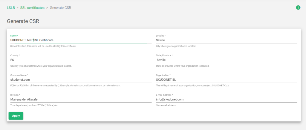 LSLB | SSL Certificates | Generate CSR - SKUDONET