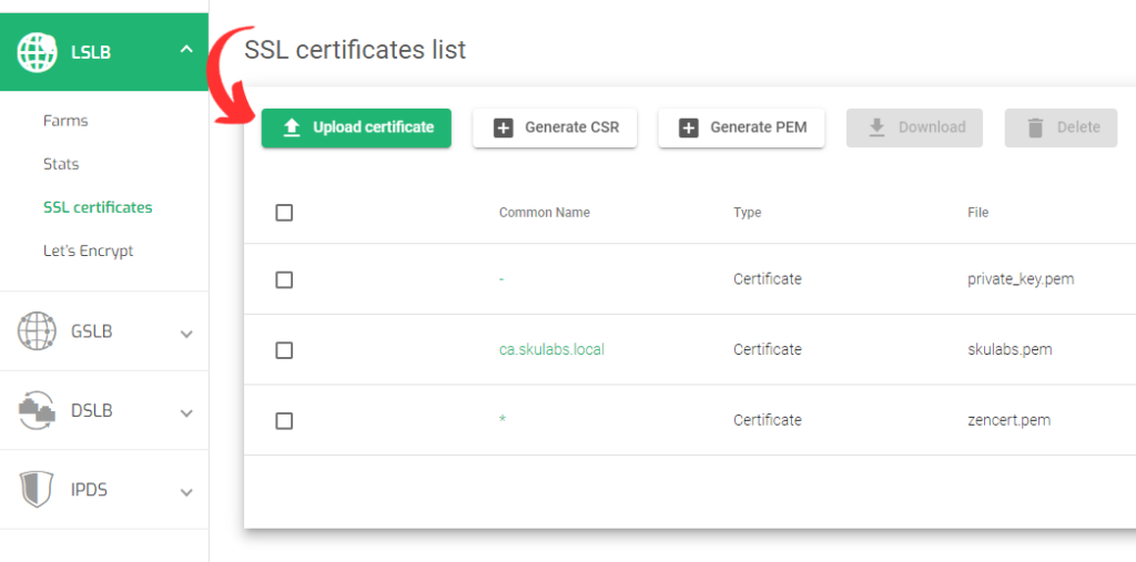 LSLB | SSL Certificates | Upload - SKUDONET